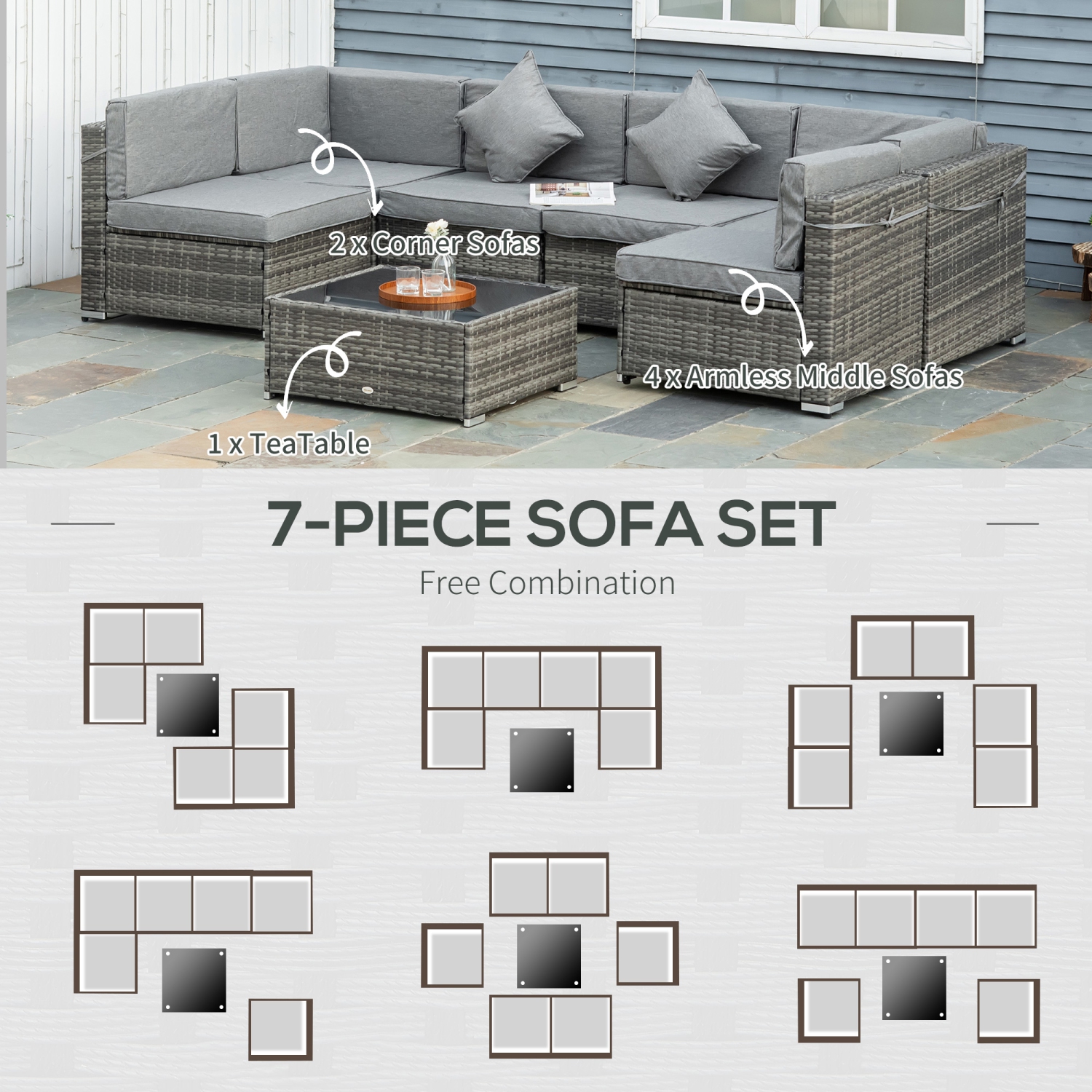 Outsunny 7 Piece Metal Frame Grey Patio Conversation Set With Cushion s Included
