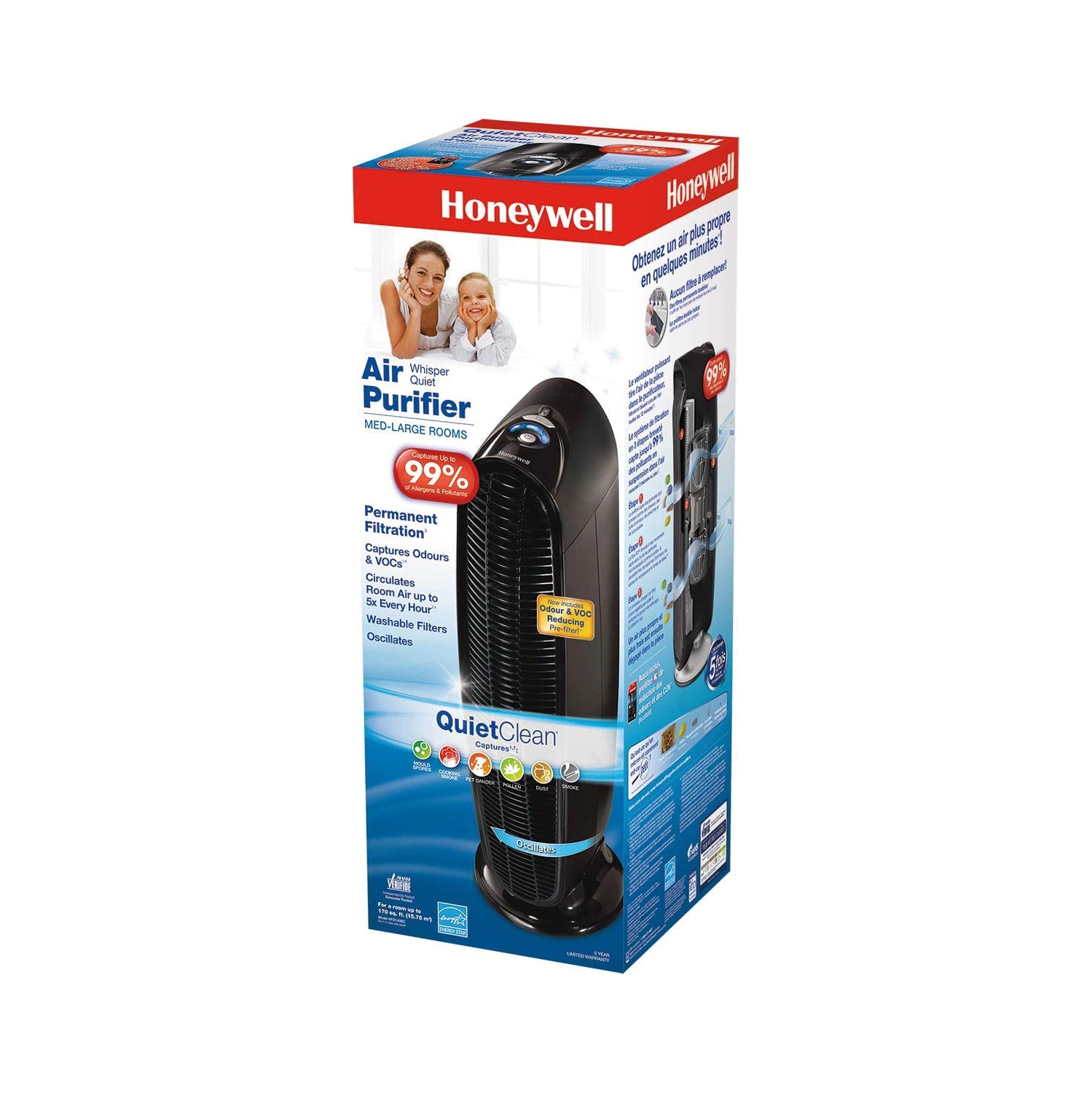 Honeywell HFD140BCV1 QuietClean Air Purifier for Medium Large Room with Permanent Washable Filter and Pre filter Reduces Odor VOCs Captures 99.9 of Airborne Particles and Cleans Ambient Air 5 Tim Best...
