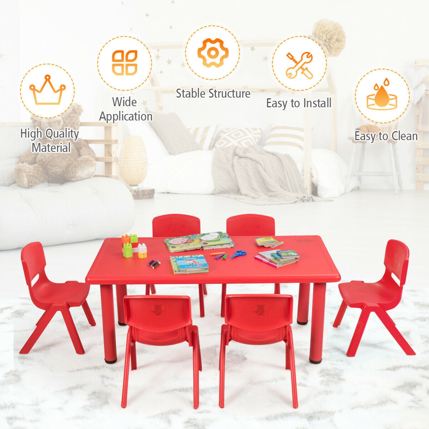 6 pack Kids Plastic Stackable Classroom Chairs Indoor Outdoor Kindergarten Red