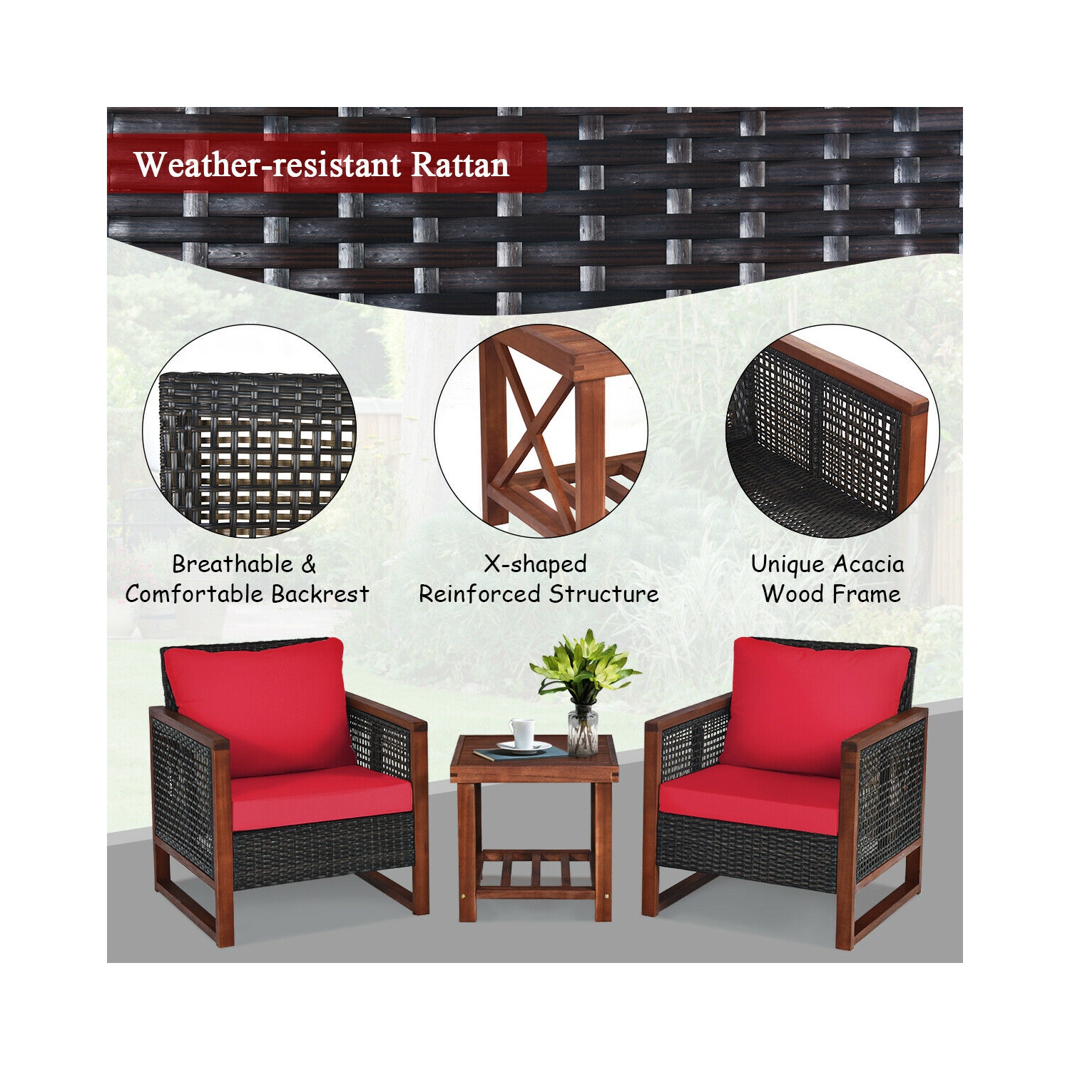 Topbuy 3-Piece Patio Rattan Bistro Set Acacia Wood Frame Sofa and Side ...