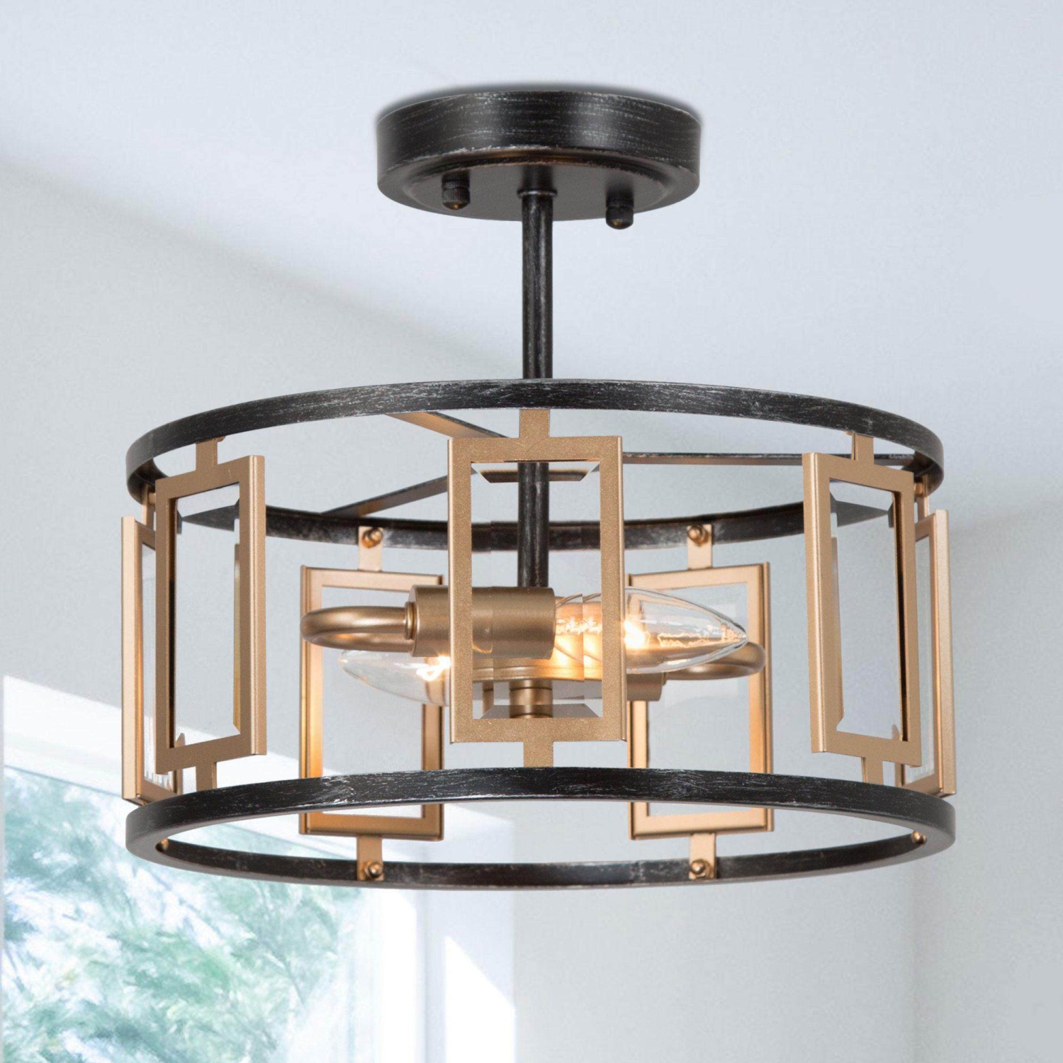 Modern Drum Ceiling Light 2-Light Brushed Black and Gold Semi-Flush ...
