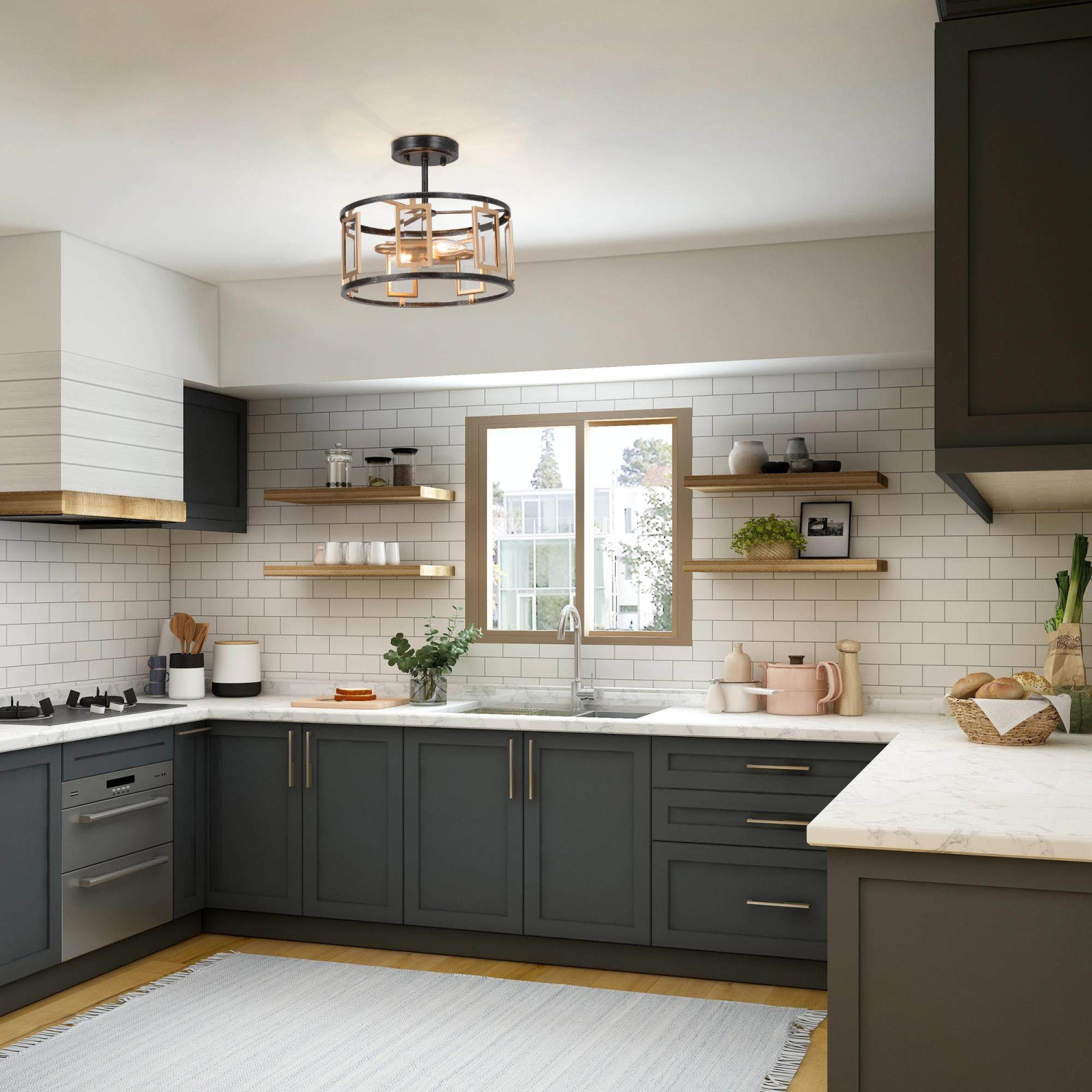 Modern Drum Ceiling Light 2-Light Brushed Black and Gold Semi-Flush ...