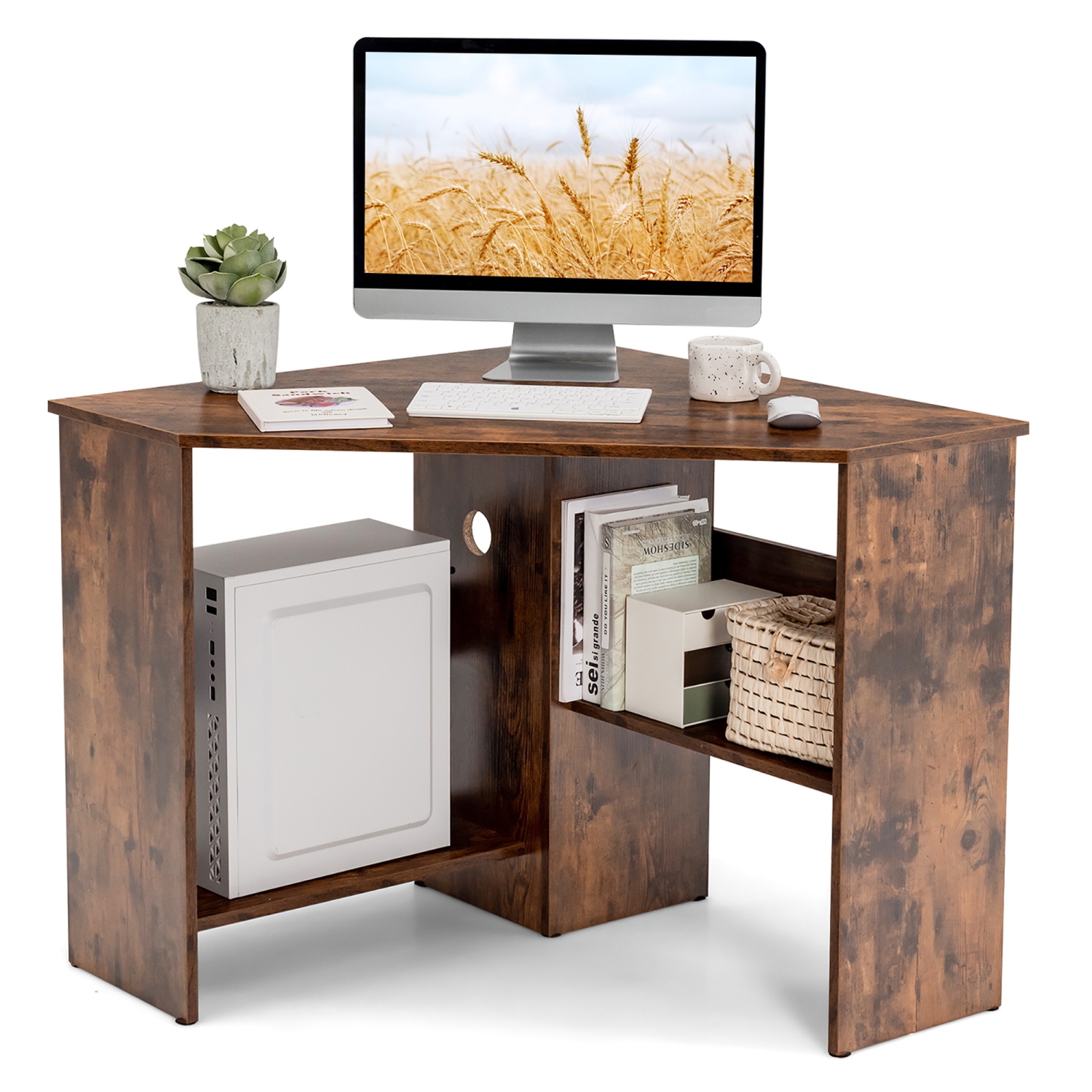 Costway Corner Computer Desk Triangle Writing Workstation w/ Storage ...