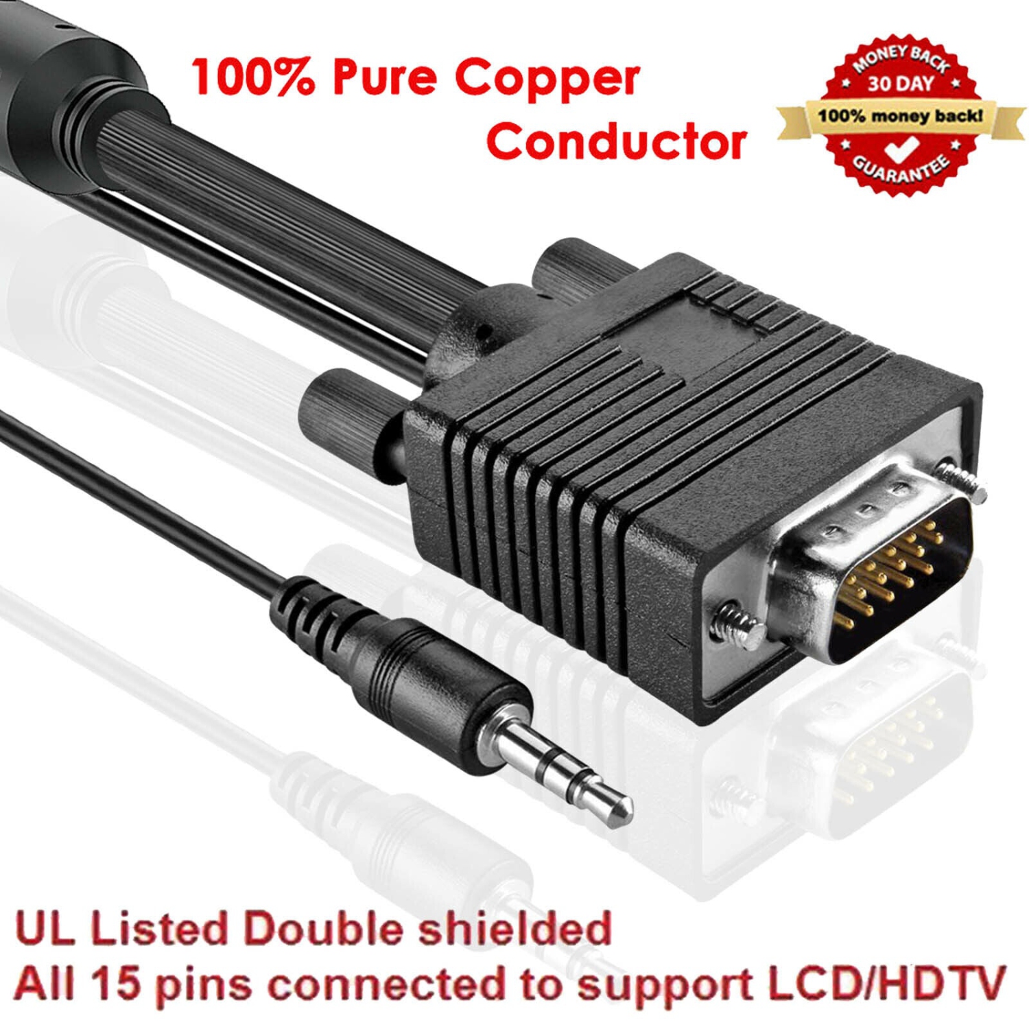 SVGA + Audio Monitor Cable, Male to Male 1080P Super VGA Display Cord ...
