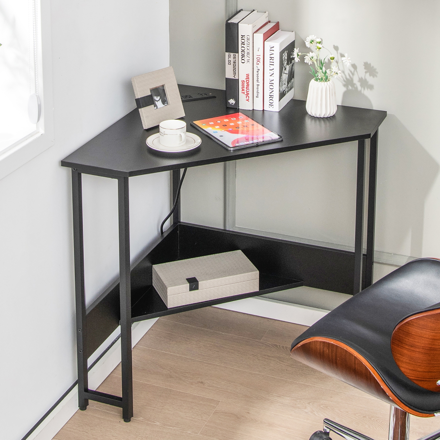 Costway Triangle Computer Desk Corner Desk Home Office w/Power Outlets ...