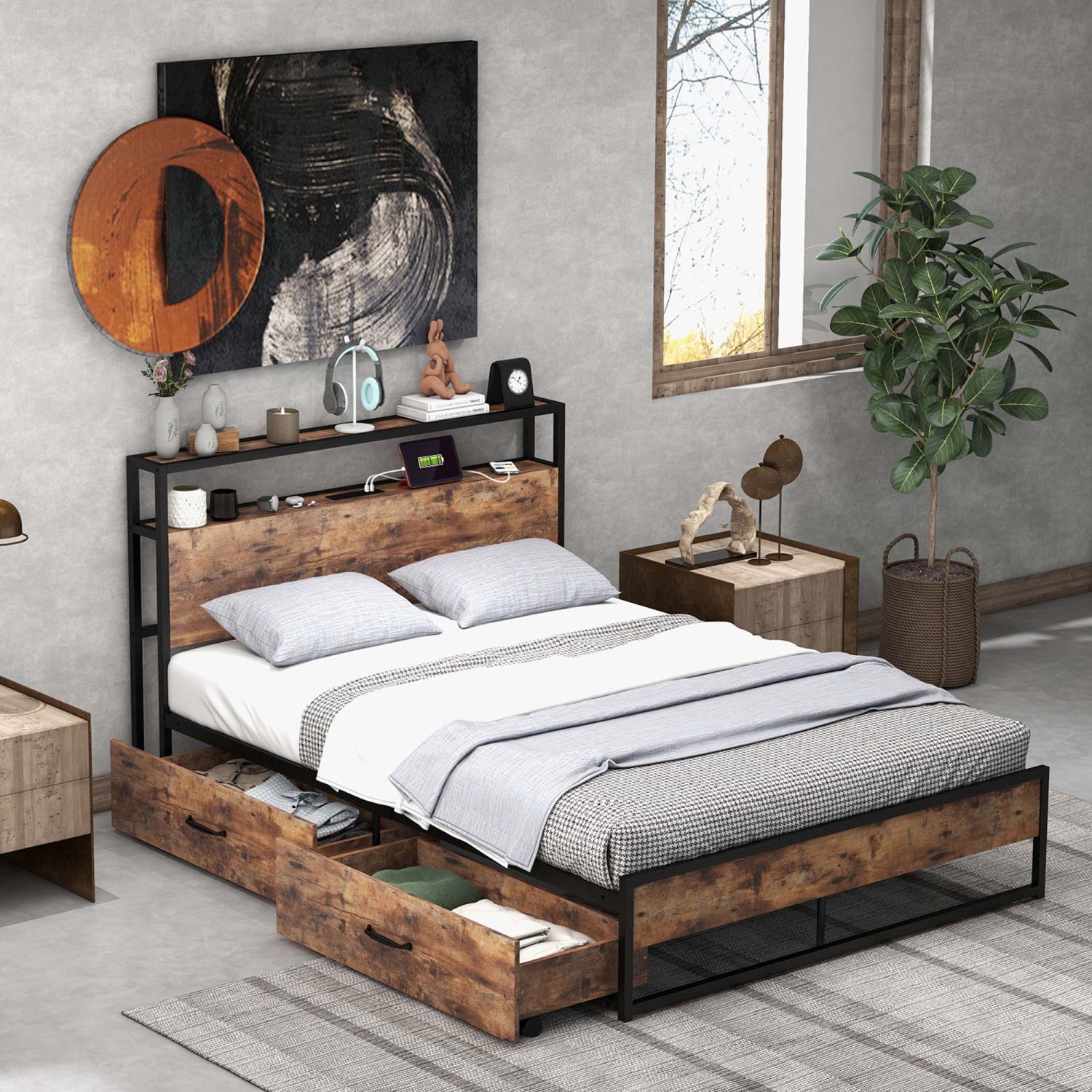 Costway Full Queen Industrial Platform Bed Frame with Drawer Storage Headboard Charging Station Best Buy Canada