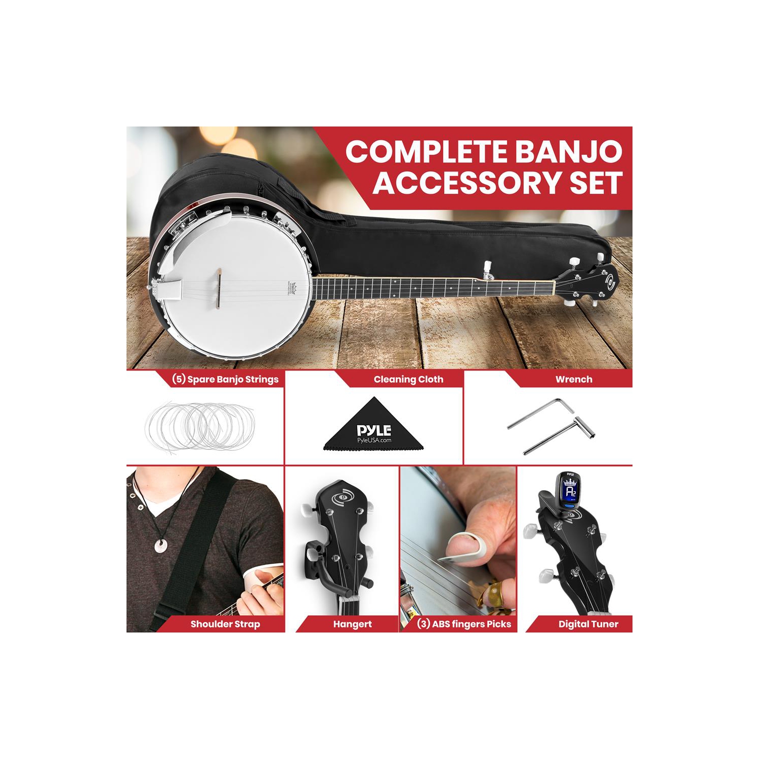 5-String Banjo with White Pearl Color Plastic Tune Pegs & High-Density ...