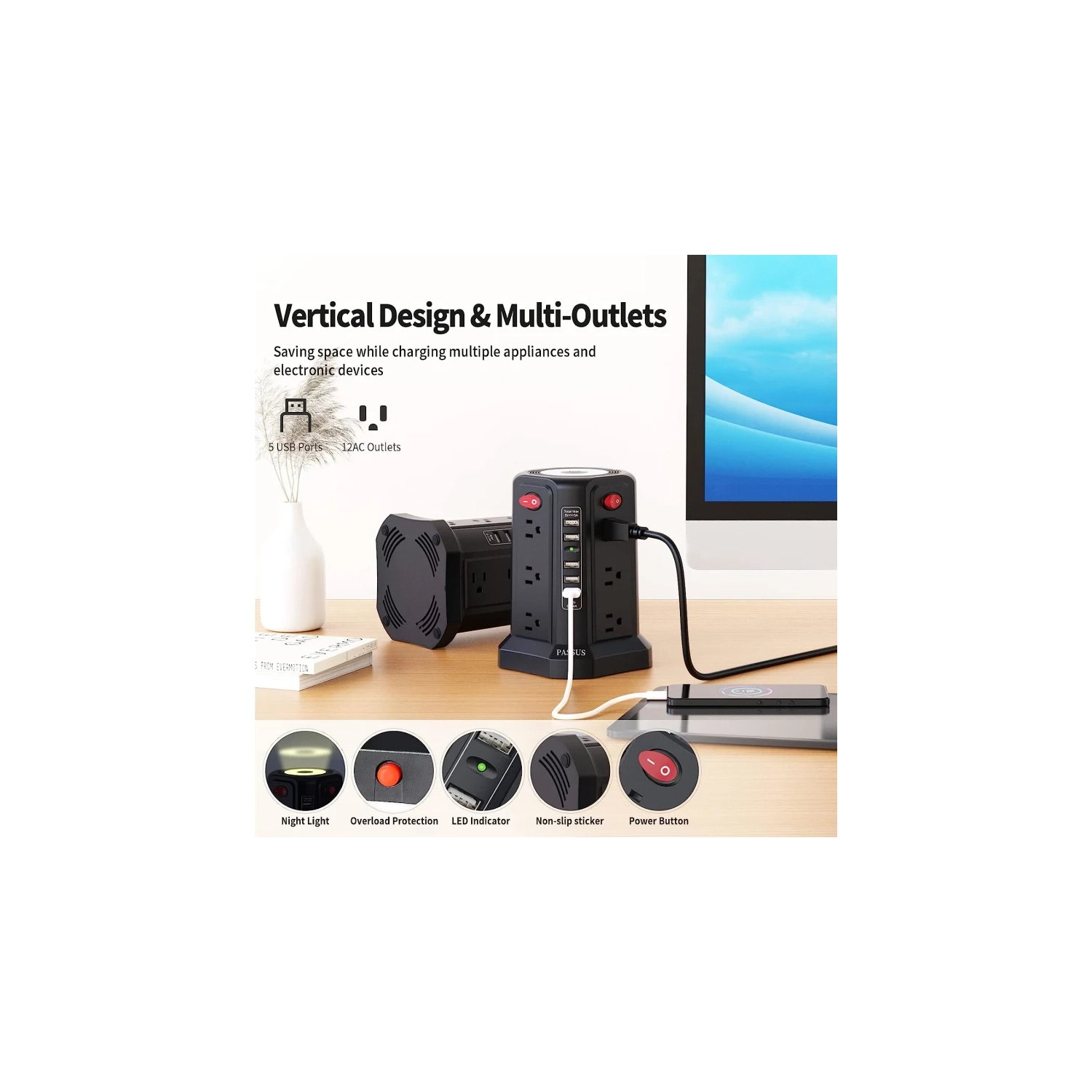 Tower Power Bar Surge Protector PASSUS | 10FT Extension Cord, 5 USB ...