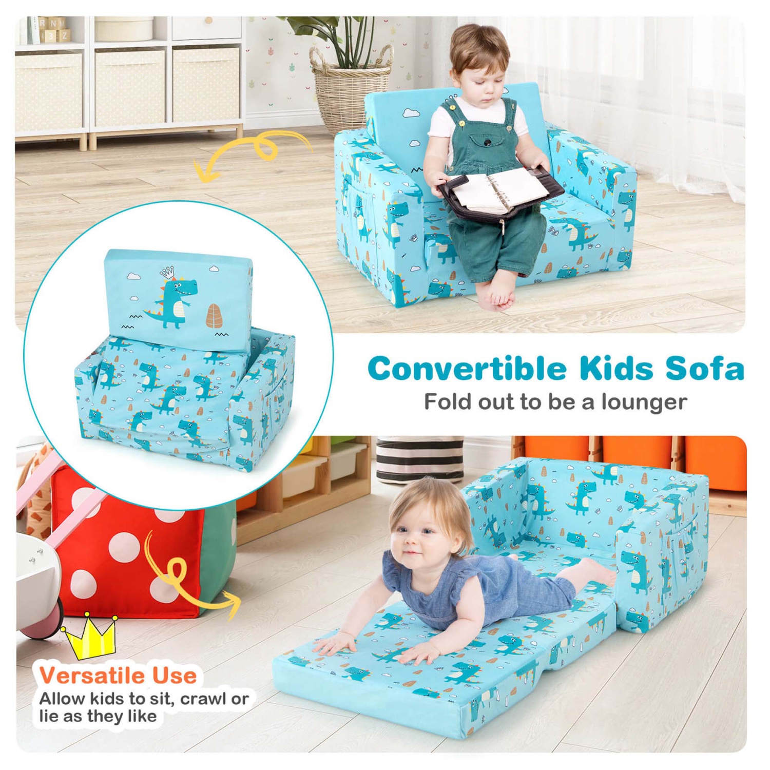 Costway 2 in 1 Convertible Kids Sofa Children Flip Out Lounger Couch Upholstered Sleeper Best Buy Canada