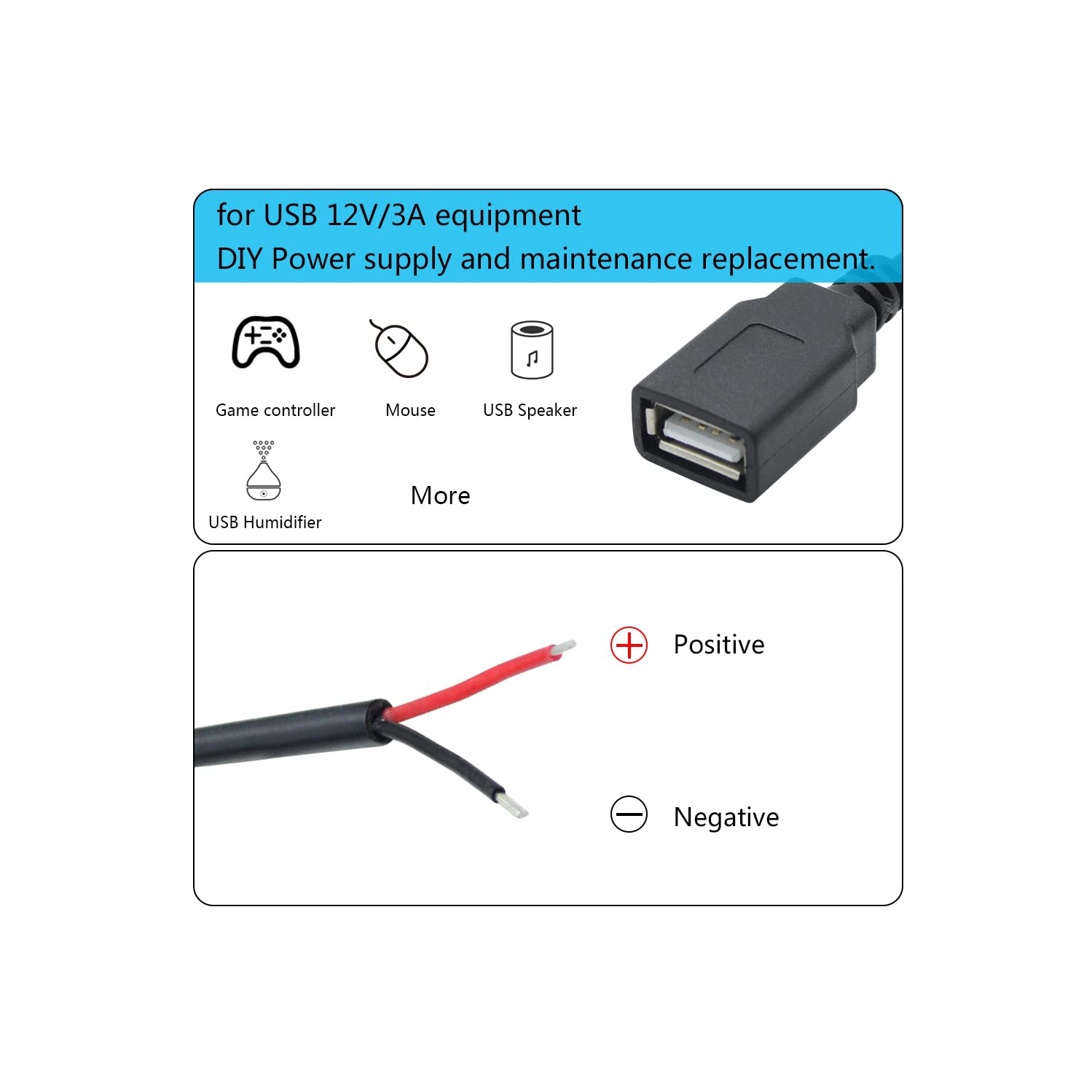 2Pcs Short USB 2.0 Female 2 Pin Bare Wire,30cm/11.8in USB 12V/3A ...