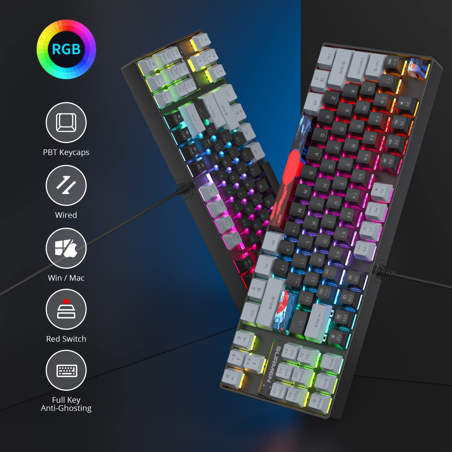 75% Percent Gaming Keyboard Mechanical with Red Switch, 87 Keys Wired ...