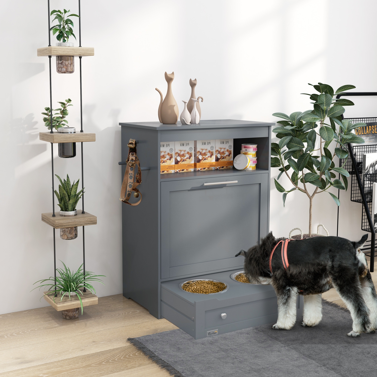 Raised dog feeding station with storage store