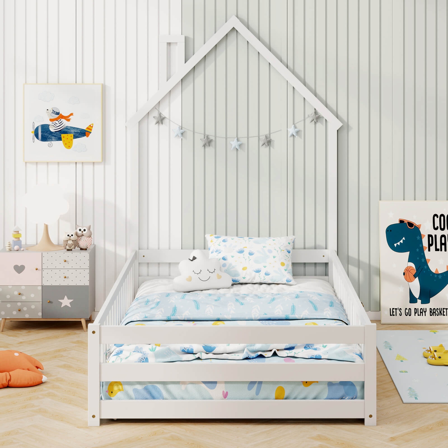 Twin Size Montessori Floor Bed with Lockable Door and Full Length Guardrail White costway