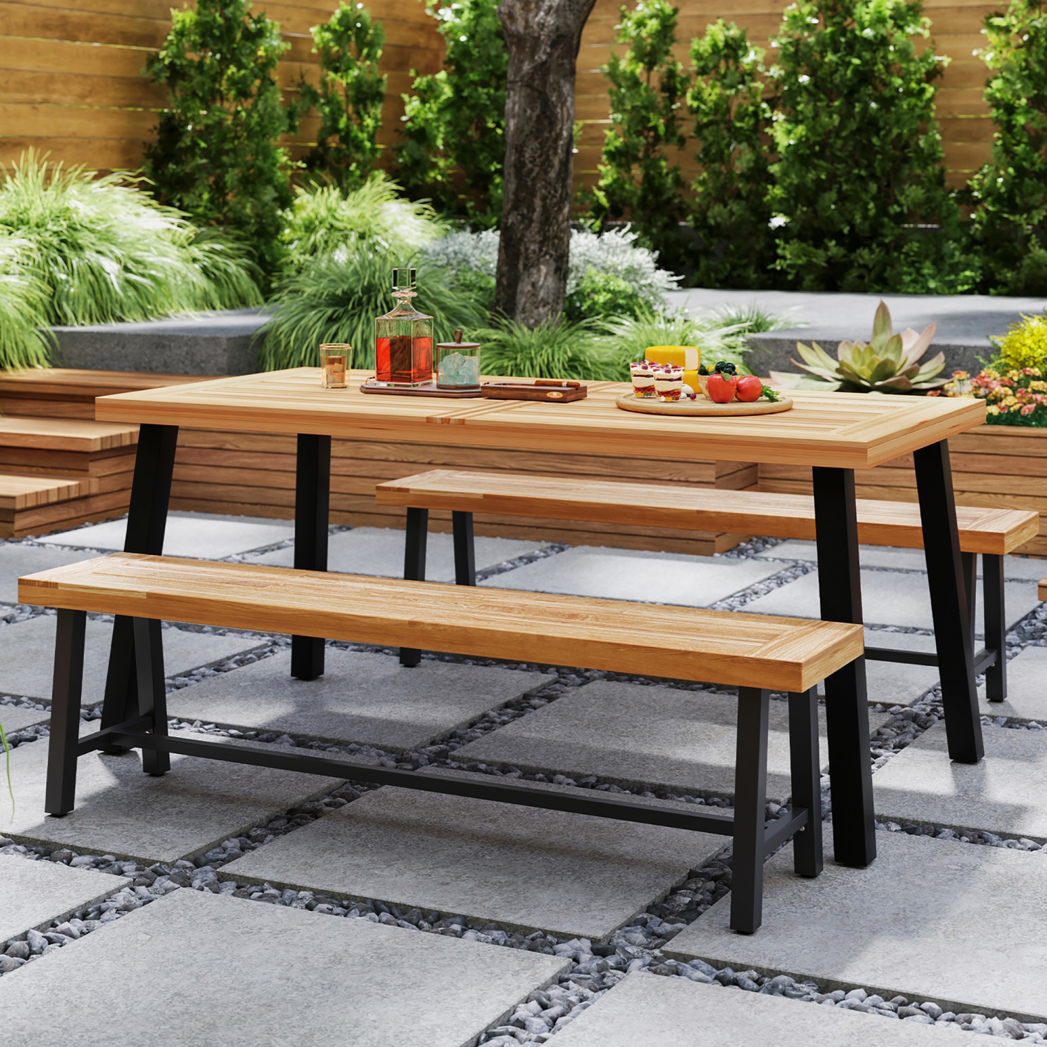 Gymax 2PCS 63'' Long Outdoor Acacia Wood Bench Seats up to 3 Persons ...