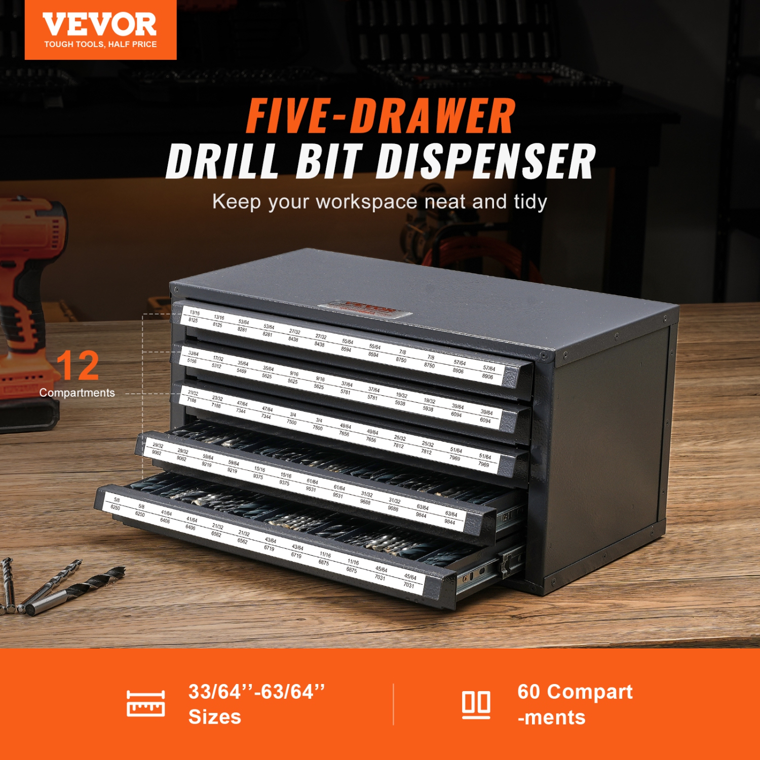 VEVOR 33/64" to 63/64" Drill Bit Dispenser Cabinet, Five-Drawer Drill ...