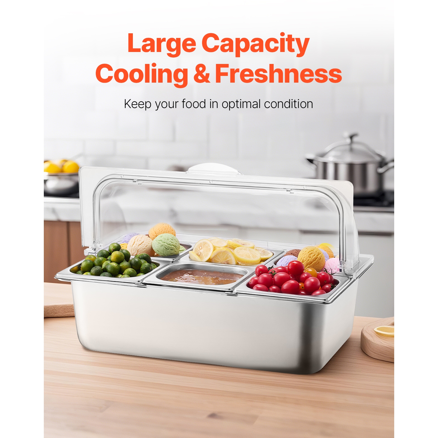 VEVOR Countertop Food Serving Display Container, 6 Pan Stainless Steel ...