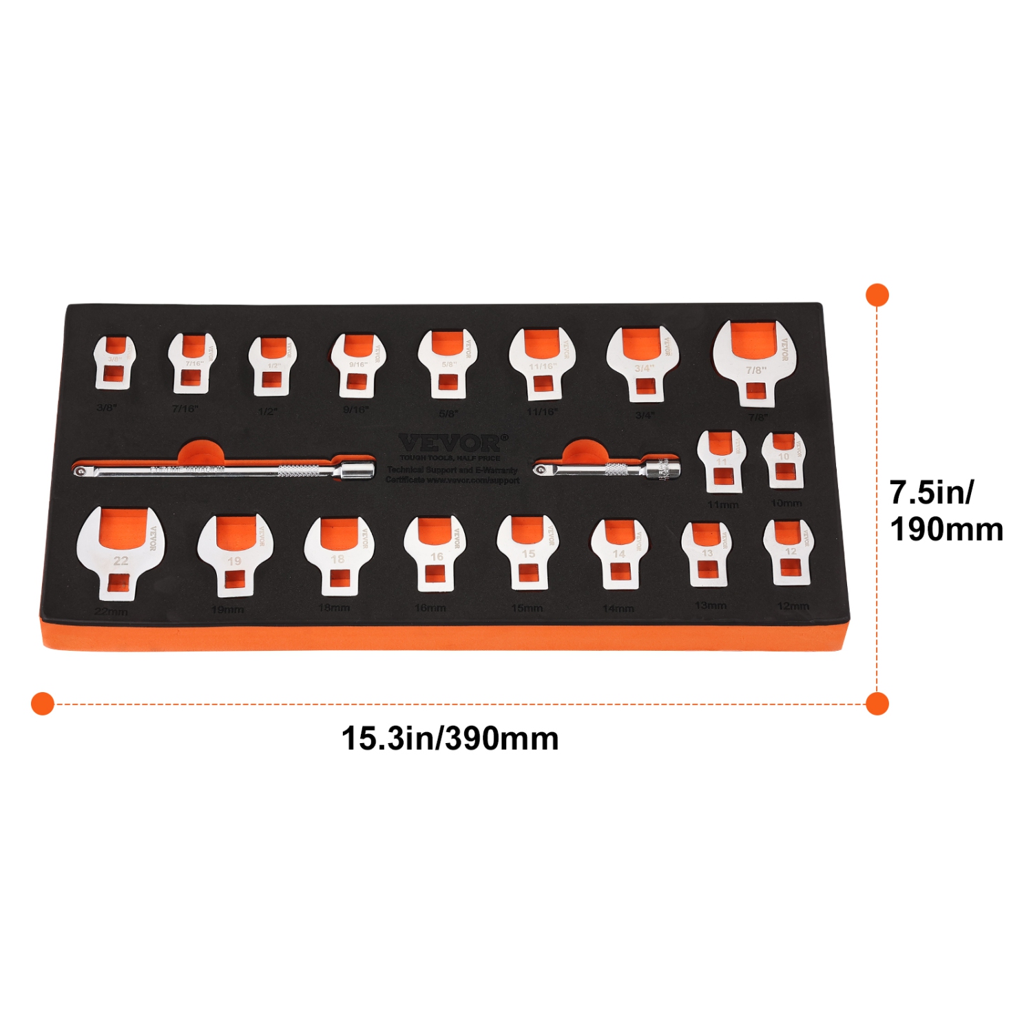 VEVOR 20-Piece Crowfoot Wrench Set, 3/8" Drive Crows Foot Wrench Set ...
