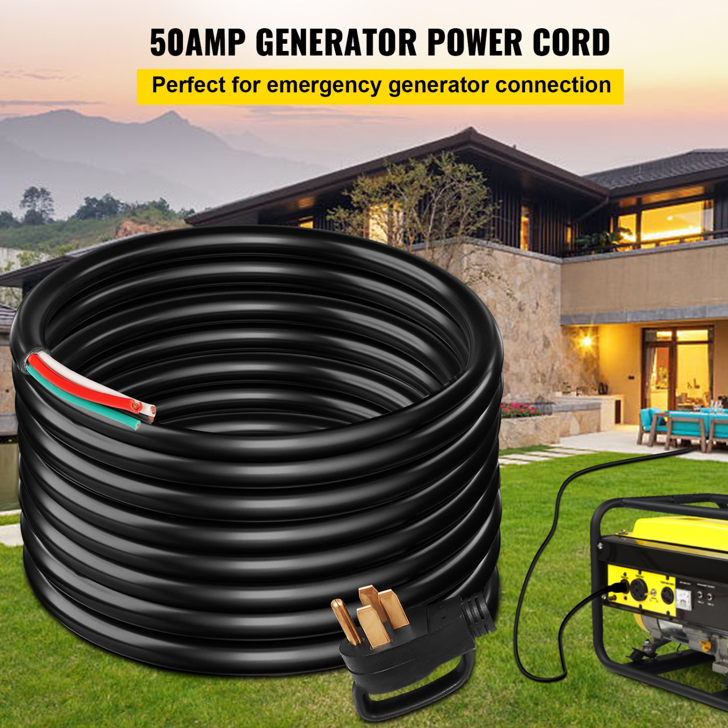 VEVOR 40Ft 50Amp Generator Extension Cord 6 Gauge STW 6/3+8/1 Generator ...