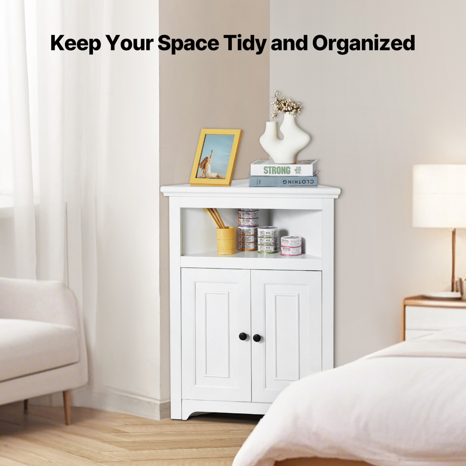 VEVOR 32" Corner Storage Cabinet, 3 Tiers Small Storage Cabinet with 2 ...