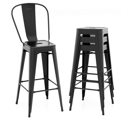 Costway Set of 4 High Back Metal Stool 30 Seat Bar Height Industrial Bar Stools Black