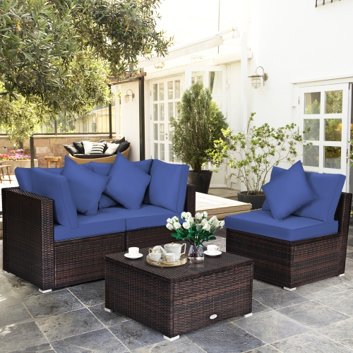 Gymax 4pcs Rattan Patio Conversation Furniture Set Yard Outdoor W Navy