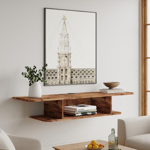 FITUEYES 2 Tier Modern Floating TV Stand Wall Mounted Wood Wall AV Shelf Hanging Desk Brown