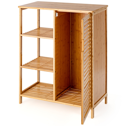 Topbuy Bathroom Storage Cabinet Bamboo Floor Cabinet Free Standing Organizer with Single Door 3 Open Shelves