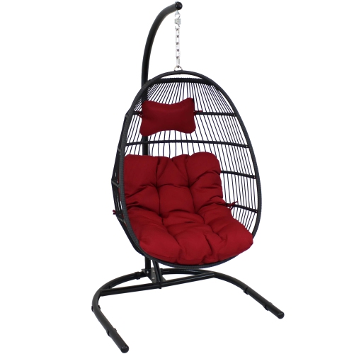 Sunnydaze Resin Wicker Hanging Egg Chair with Steel Stand Cushions Red
