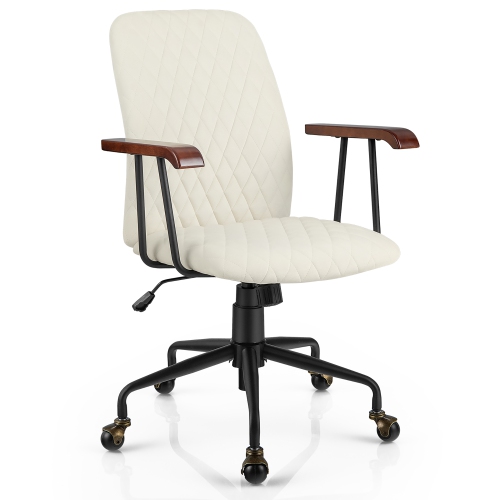 Gymax Velvet Home Office Chair Swivel Adjustable Task Chair w Wooden Armrest Beige
