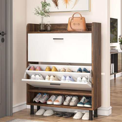 TRIBESIGNS Shoe Storage Cabinet With Flip Doors Vintage Entryway Shoe Organizer