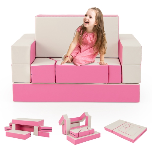 Costway Children Modular 6 Piece Combination Sofa Set with PU Leather Cover for Playroom