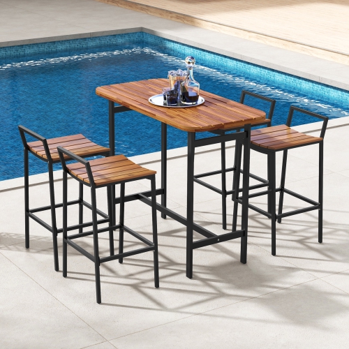 Costway 5 Piece Acacia Wood Bar Table Set with Metal Frame and Footrest