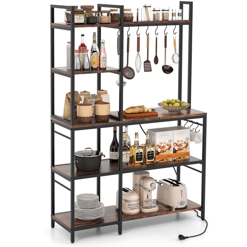 Costway Bakers Rack 5 Tier Coffee Bar Table with 10 S Shaped Hooks Power Outlets