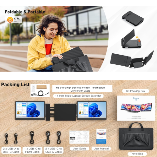 Open Box-TUTT 14” FHD Dual Portable Laptop Monitor IPS Built-in Stand ...