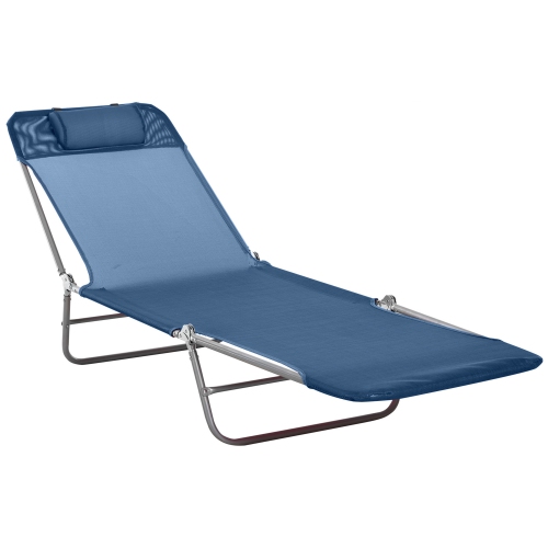 Outsunny Outdoor Lounge Chair Portable Adjustable Reclining Seat Folding Chaise Lounge Patio Camping Beach Tanning Chair Bed with Pillow Dark Blue