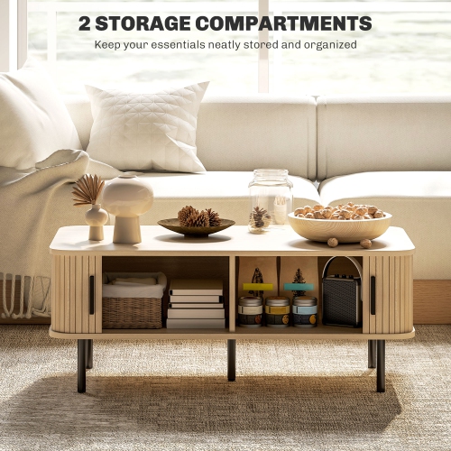 HOMCOM Coffee Table with Storage, Nordic Side Table with Slatted Tambour Sliding Doors and Steel ...