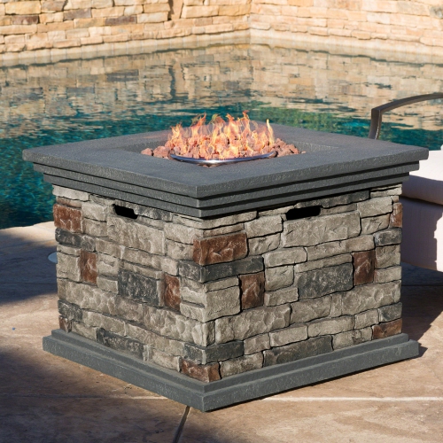 32"W Square Stone MGO Propane Fire Pit Table with Tank Storage and ...